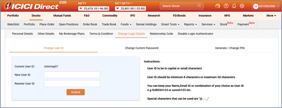 How to change the login user ID for my ICICI Direct account?| ICICI Direct